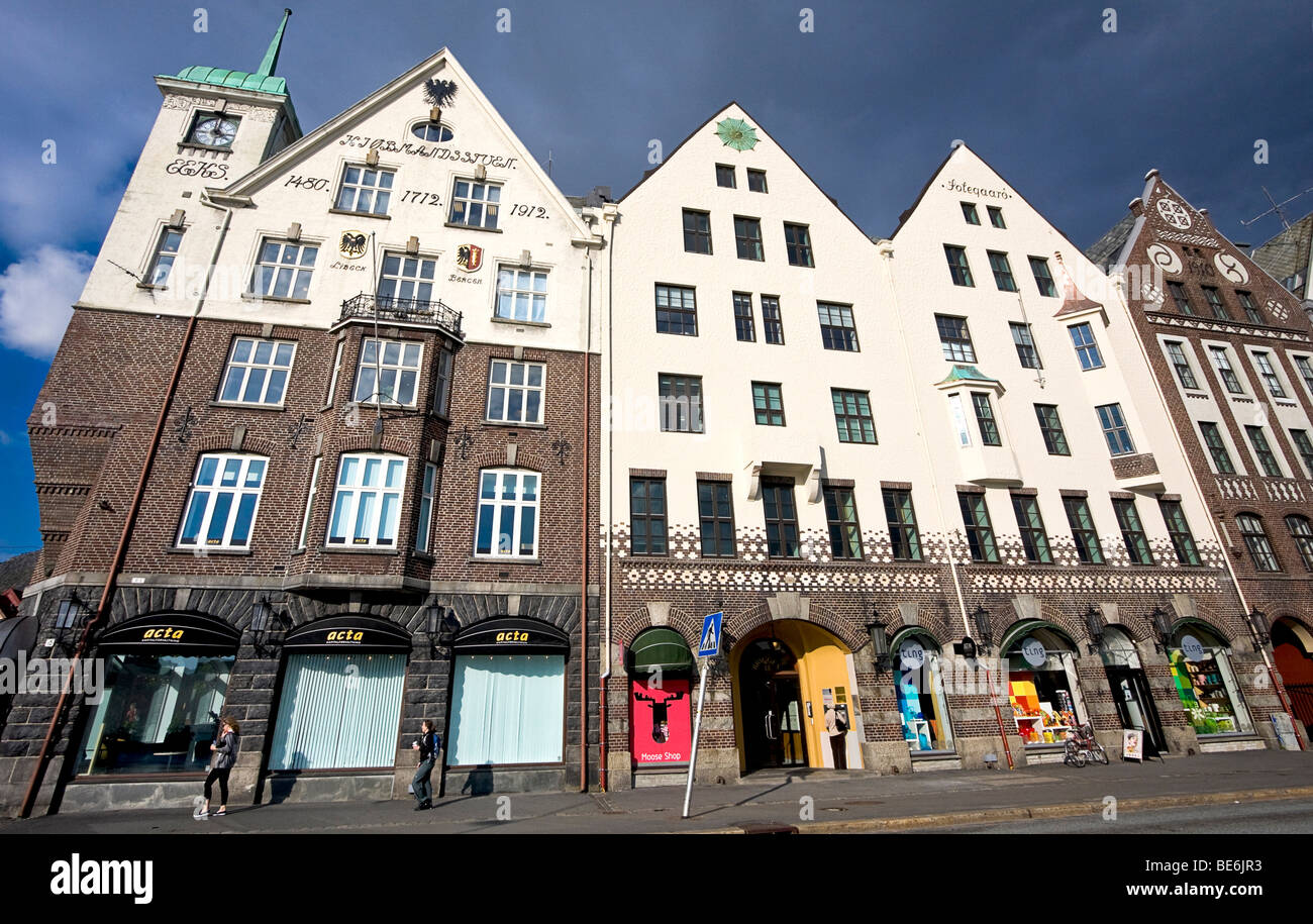 Waterfront in Bergen, Norway known as the Bryggen district. Old wood ...