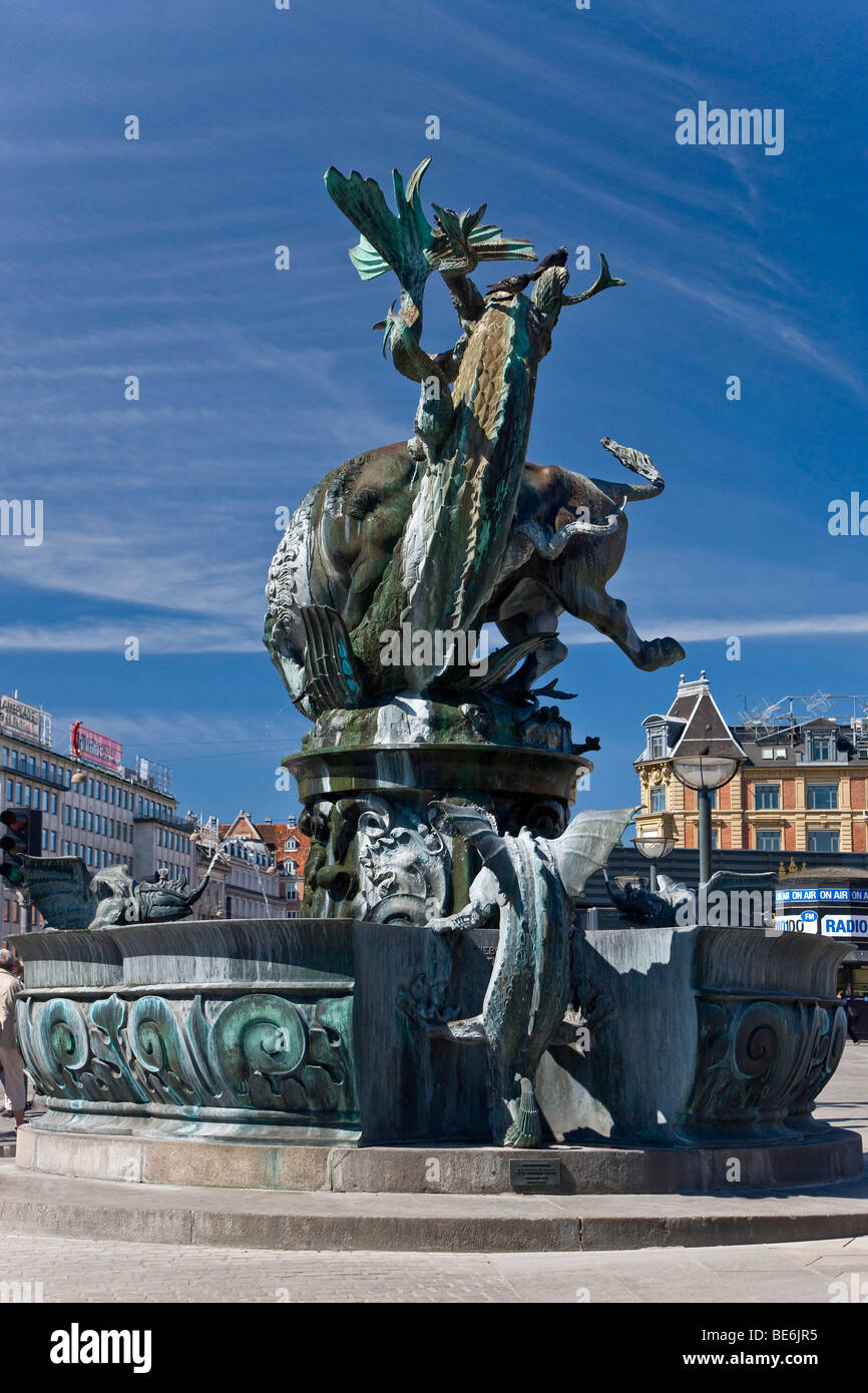 The dragon fountain at the town hall square in Copenhagen, Denmark ...