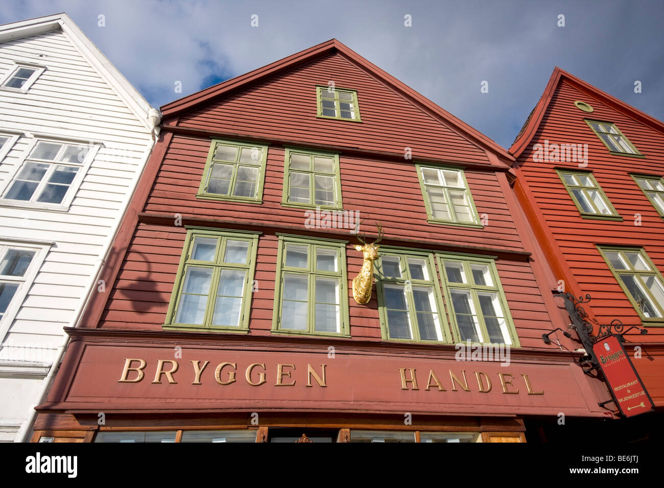 Waterfront in Bergen, Norway known as the Bryggen district. Old wood ...
