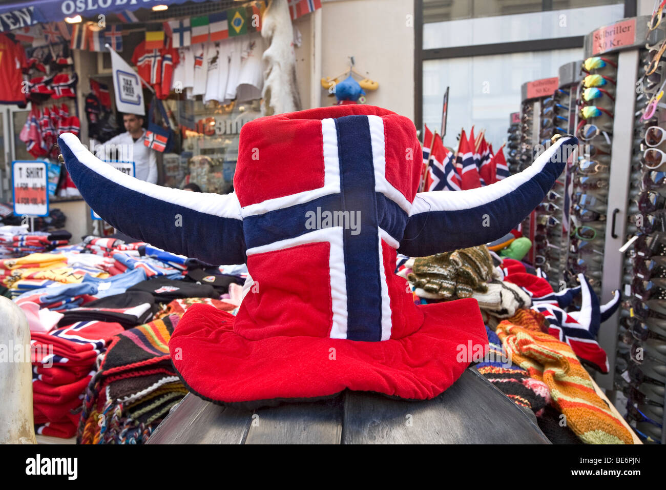 Hats with Norwegian flag design for sale on city street in Oslo, Norway ...
