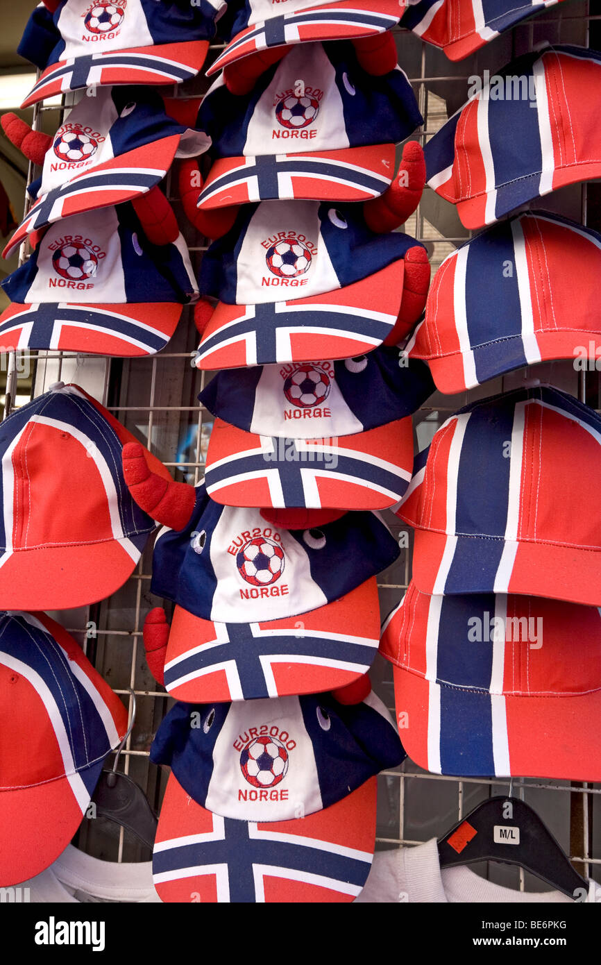 Hats with Norwegian flag design for sale on city street in Oslo, Norway ...