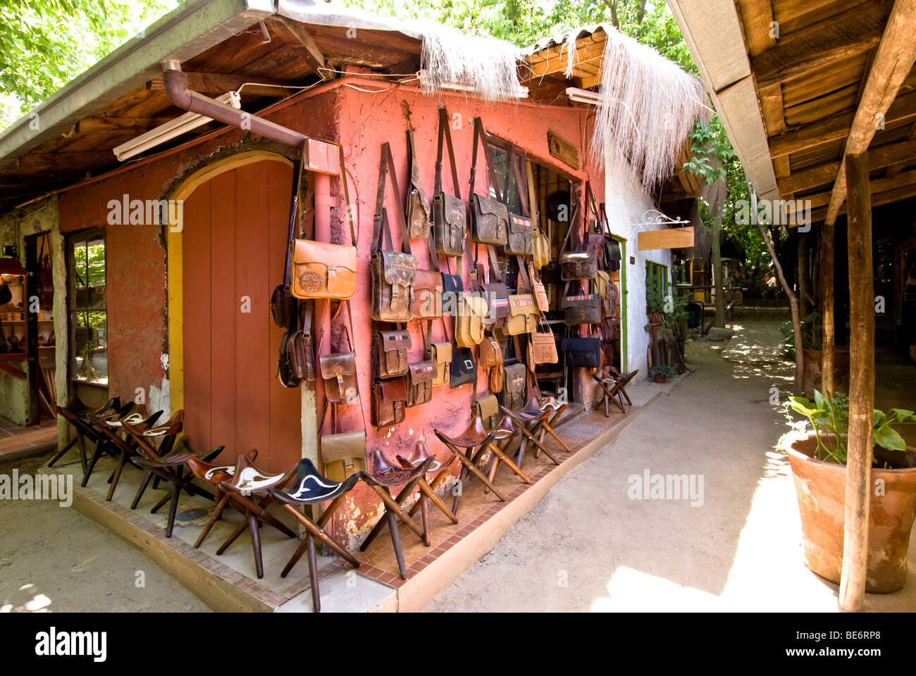 Leather goods in shop in Los Dominicos Handicraft Artisan Market in ...