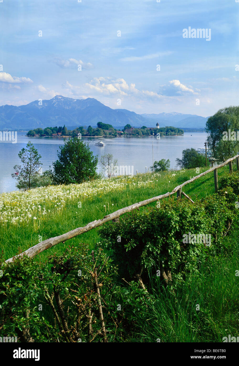 The Island Fraueninsel, Chiemsee lake in front of the Hochgern Mountain ...