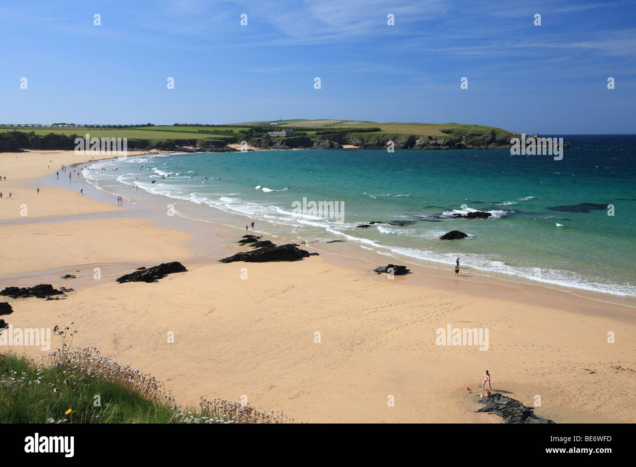 Harlyn Bay - surfing beach - late summer, people in far distance, North ...