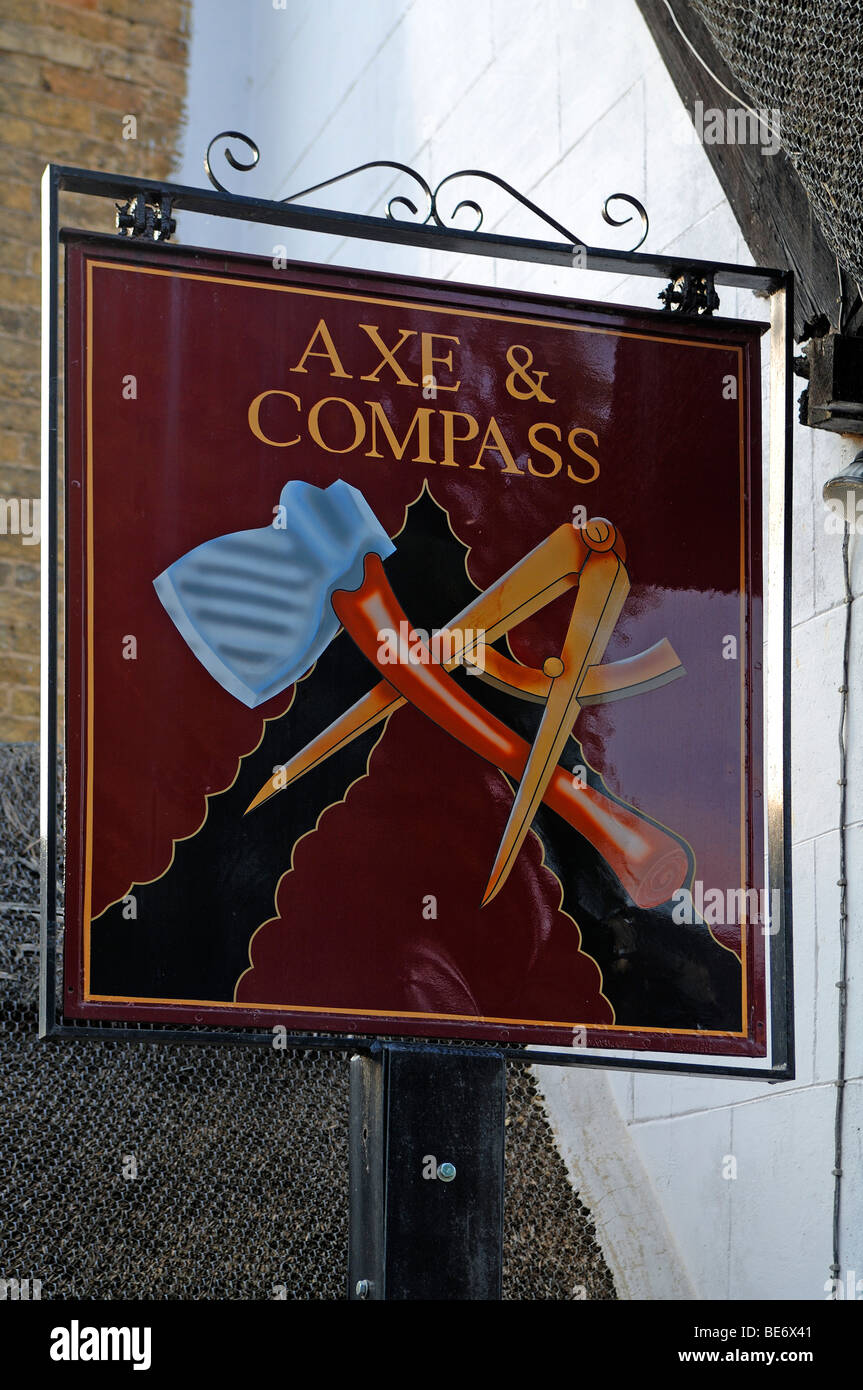 Pub sign, Axe & Compass, High Street, Hemingford Abbots, Cambridgeshire ...