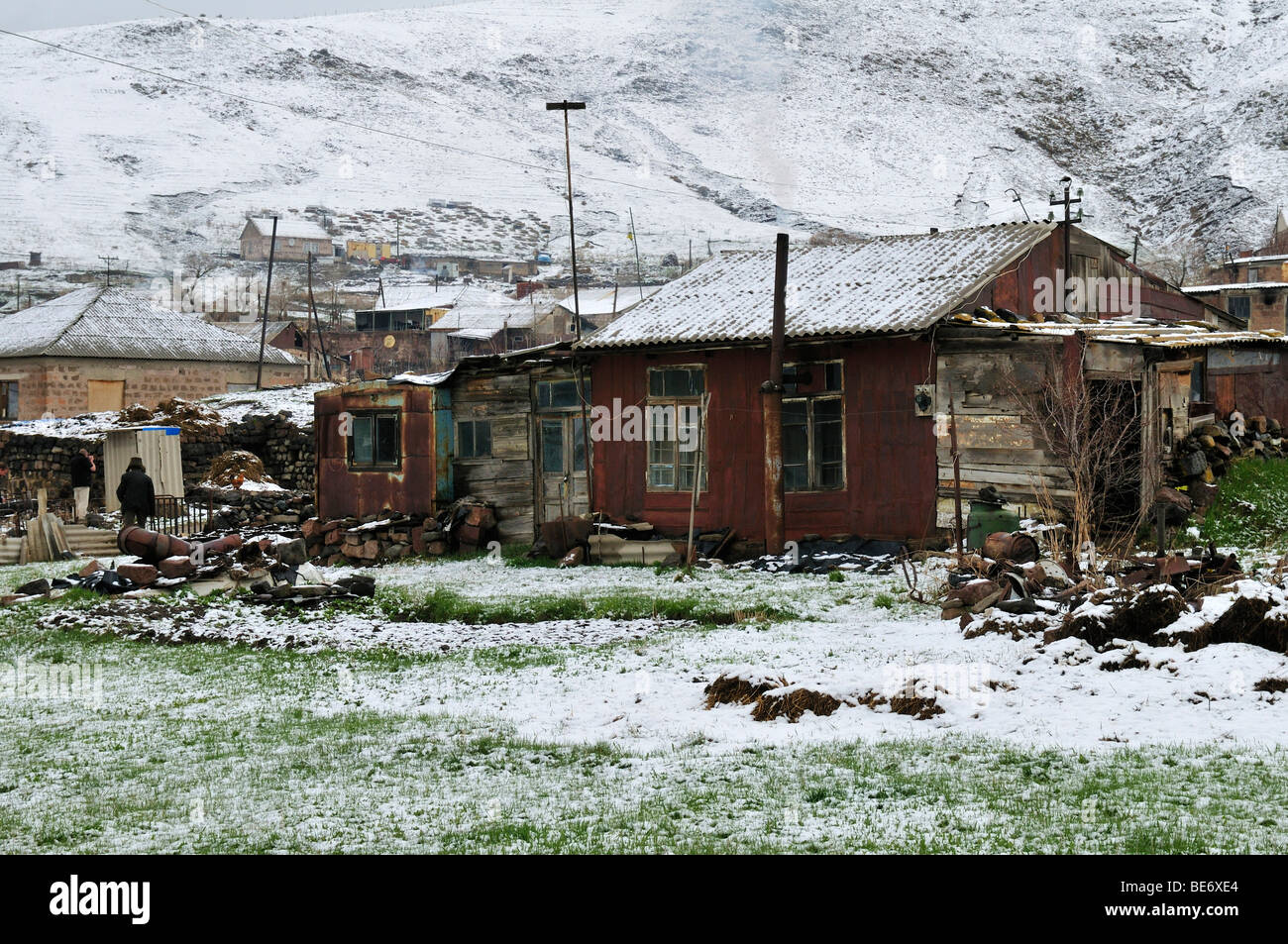 Poor Yezidi village near Mount Aragats covered in snow, Armenia, Asia ...