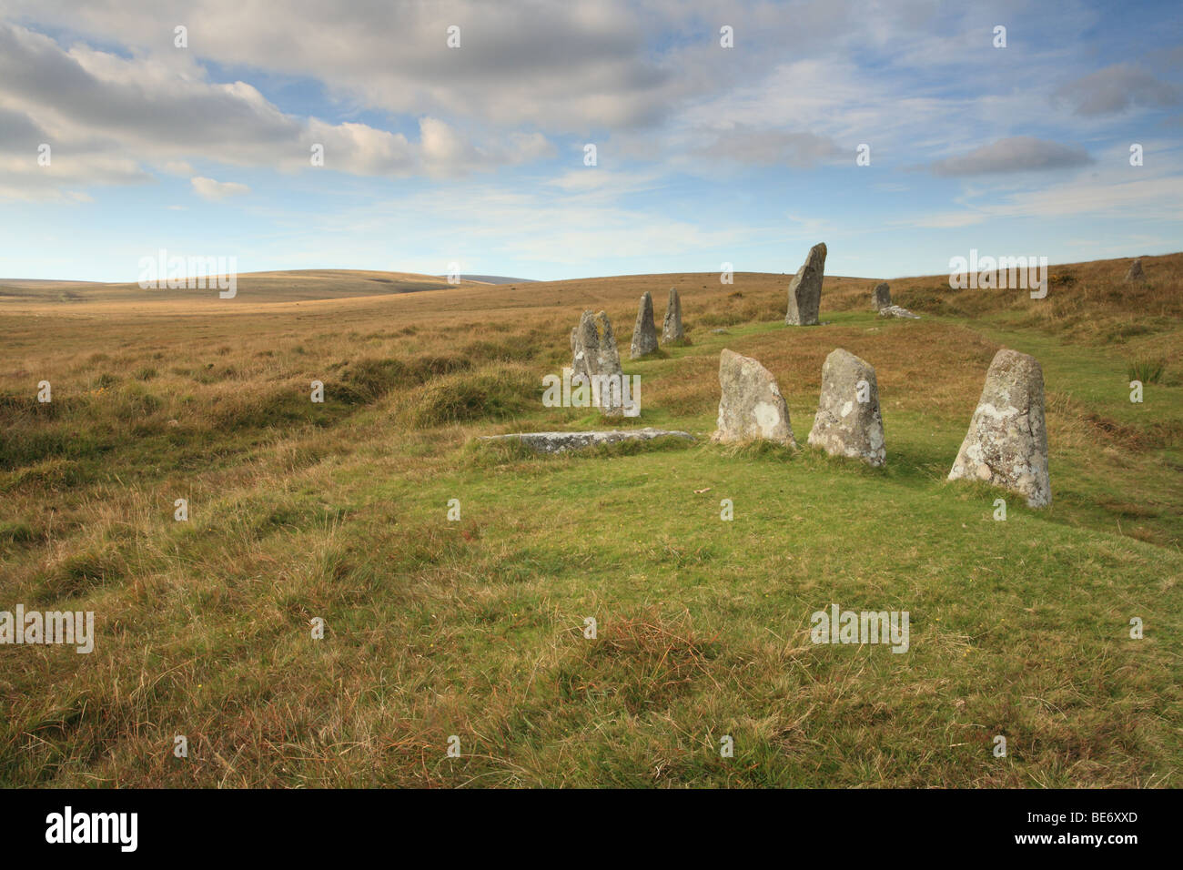 Scorhill ancient stone circle in late summer Dartmoor, Devon, England ...