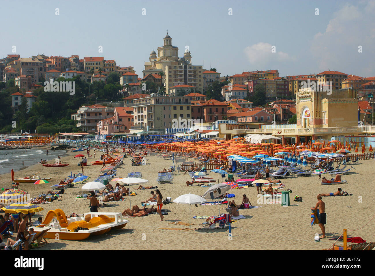Italy, Liguria, Riviera di Ponente, Imperia, view of the beach at Porto ...