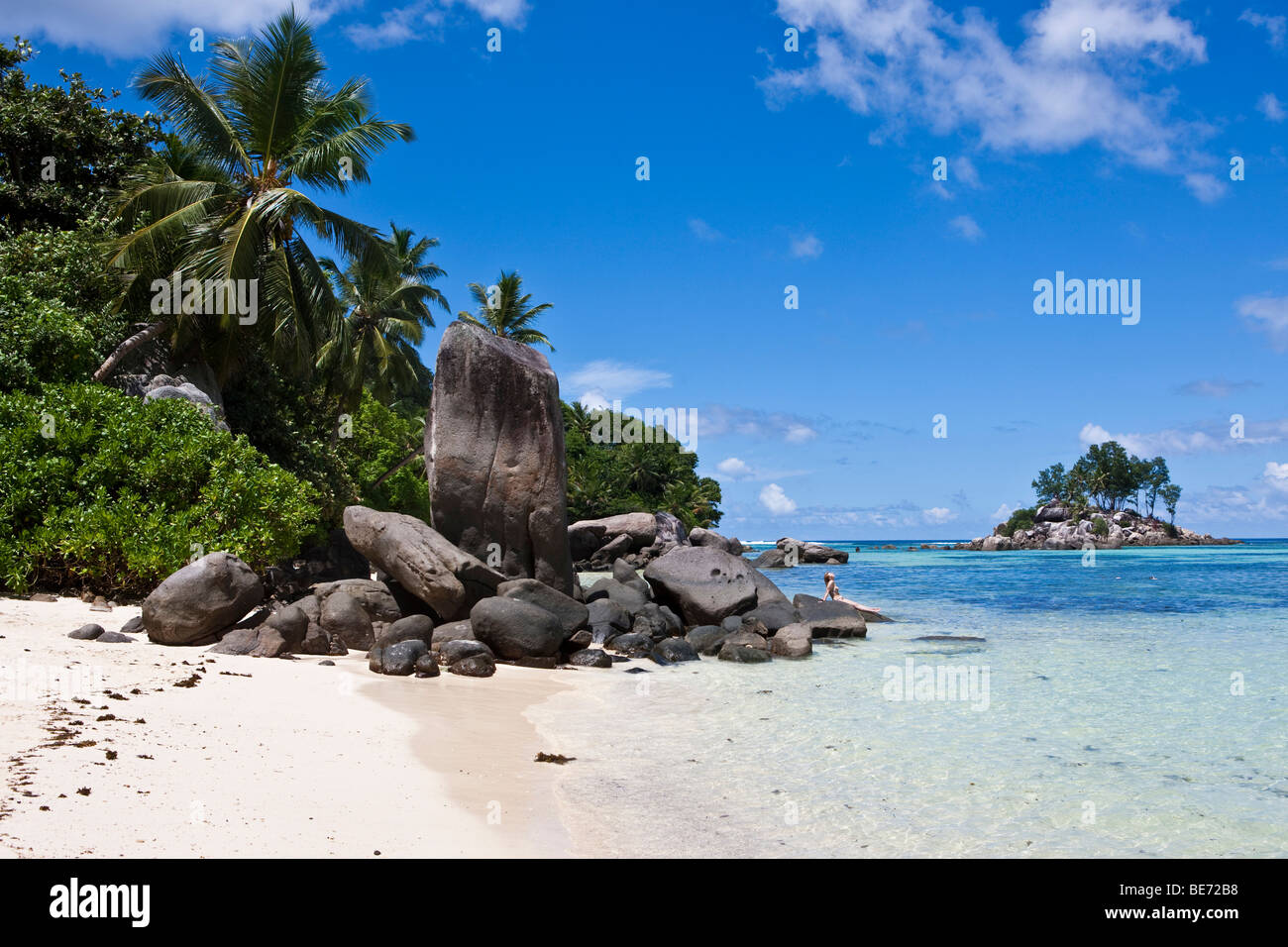 Beach with the typical granite rocks of the Seychelles at Anse Royale ...