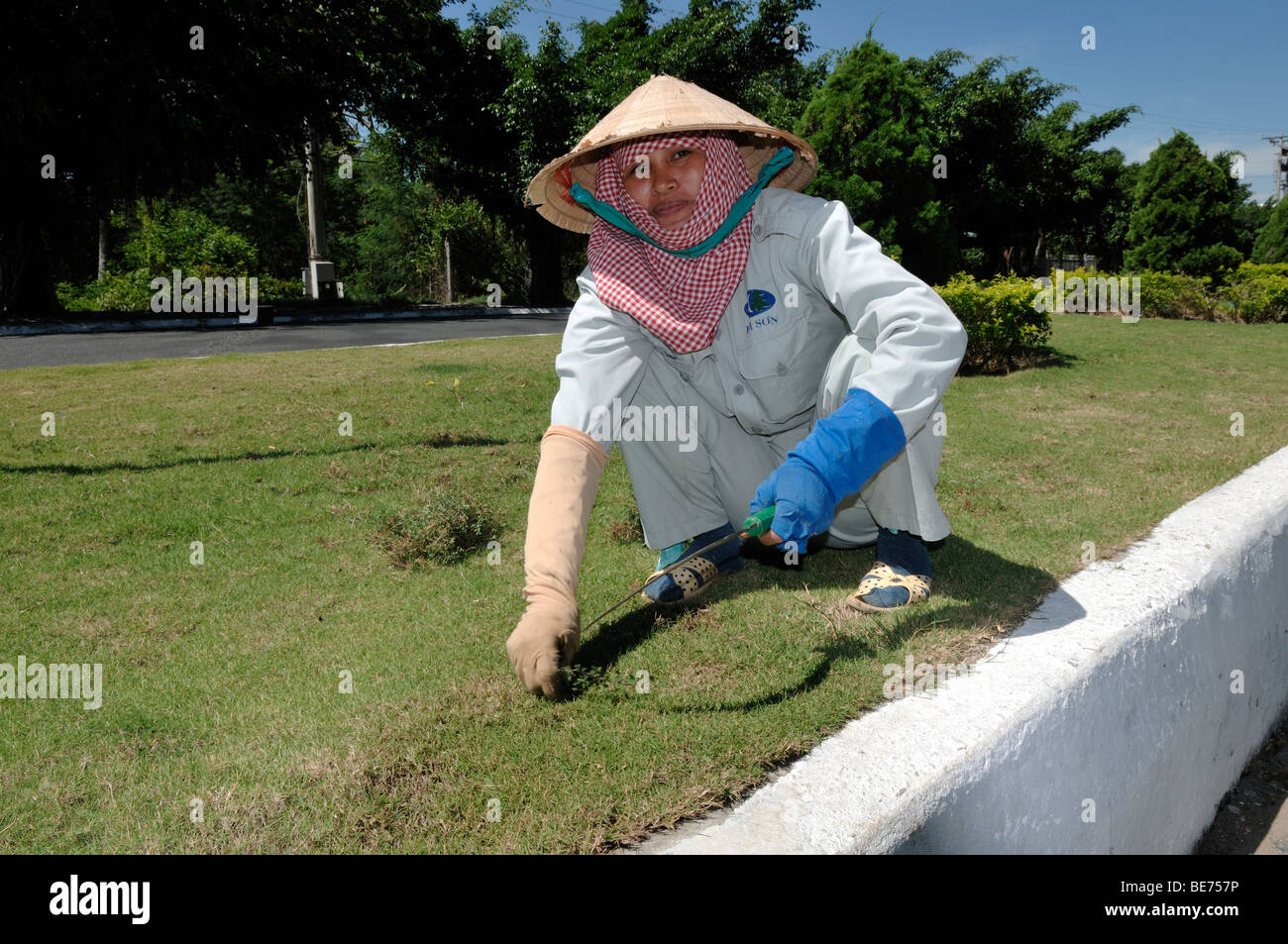 Vietnamese worker, mowing the lawn with a sickle, handicraft, Nui Ba ...