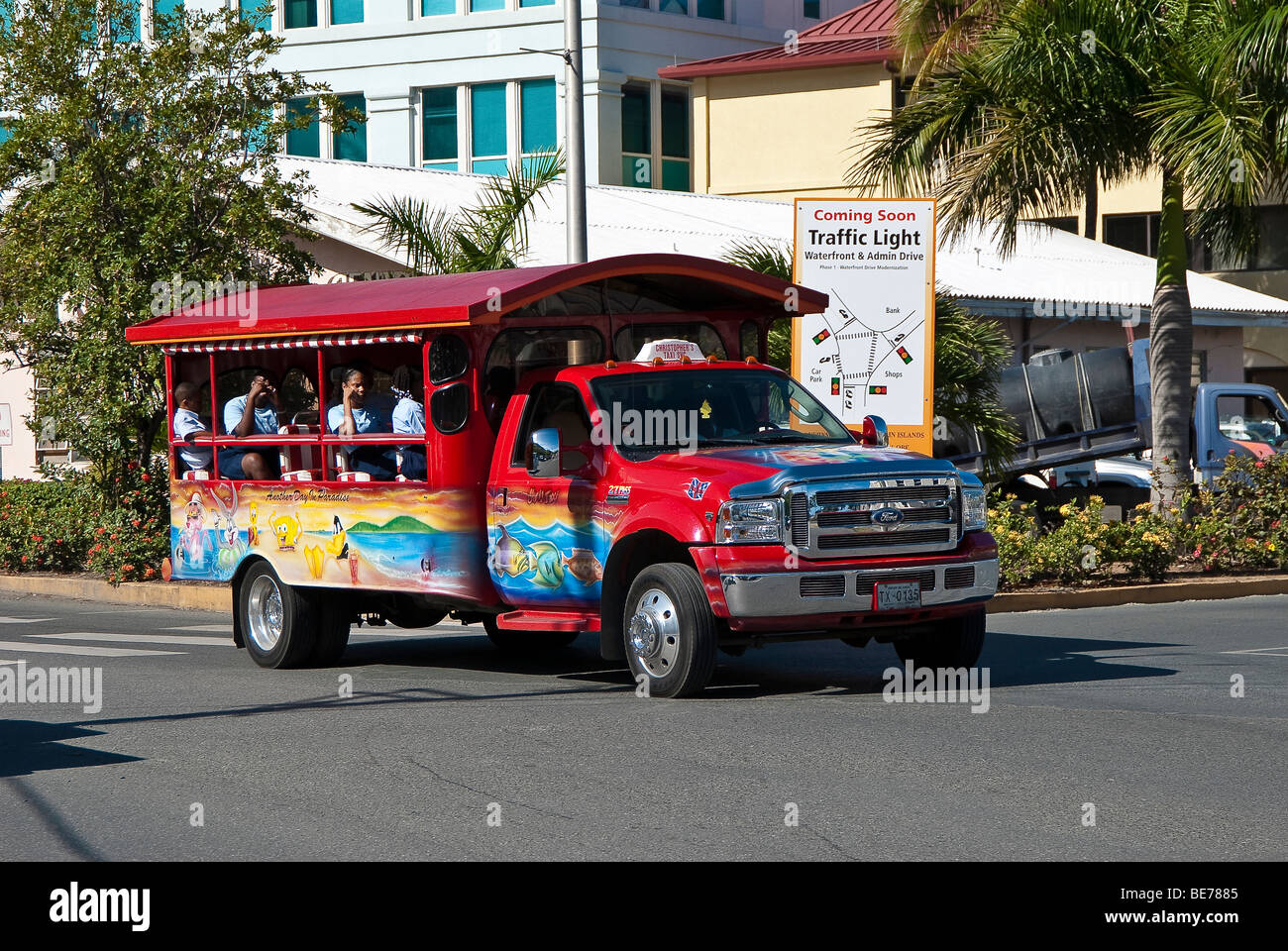 Colourful local truck type buses on the Caribbean island of Tortola ...