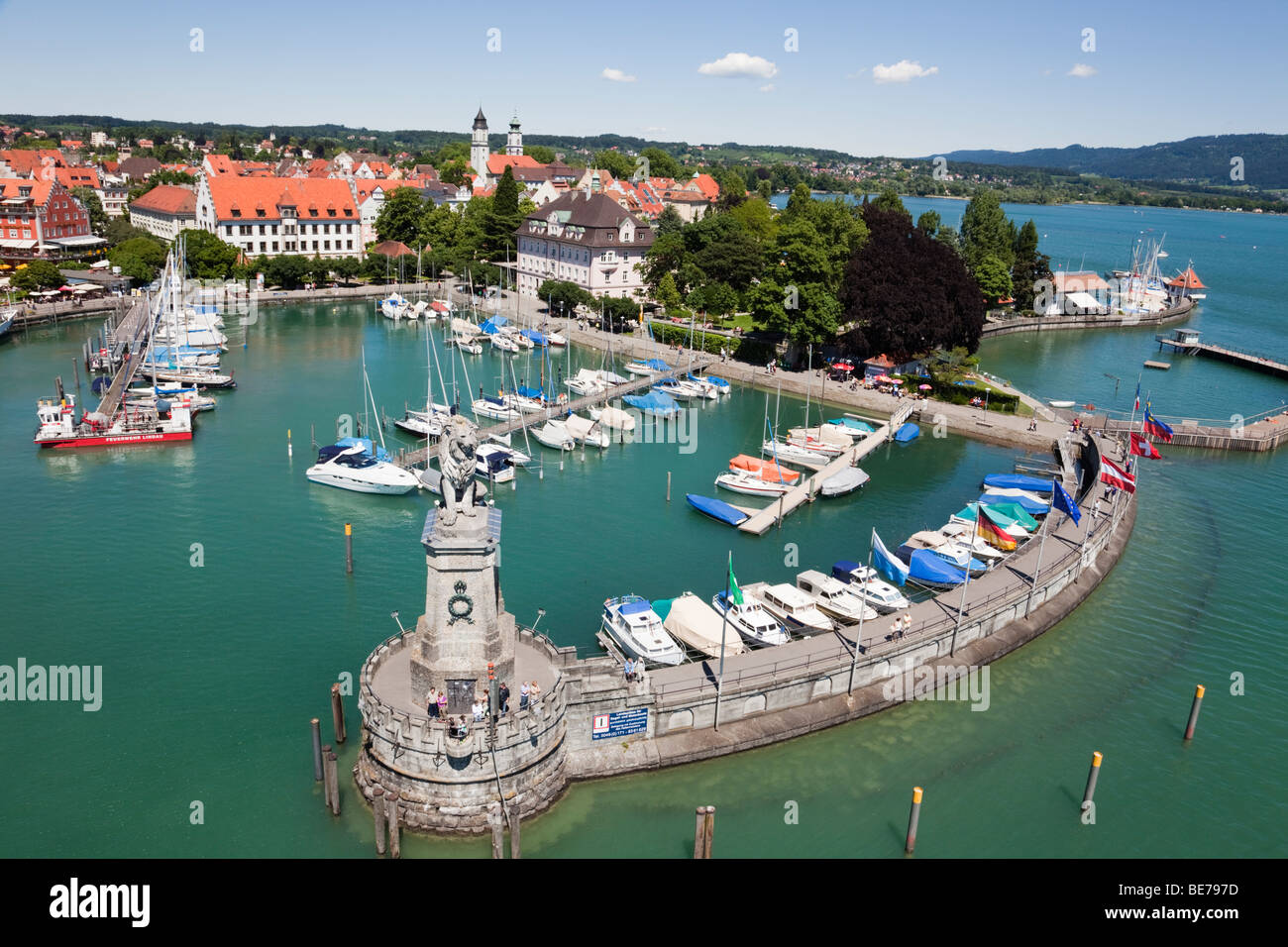 Lindau, Bavaria, Germany. Aerial view of boats in harbour and ...