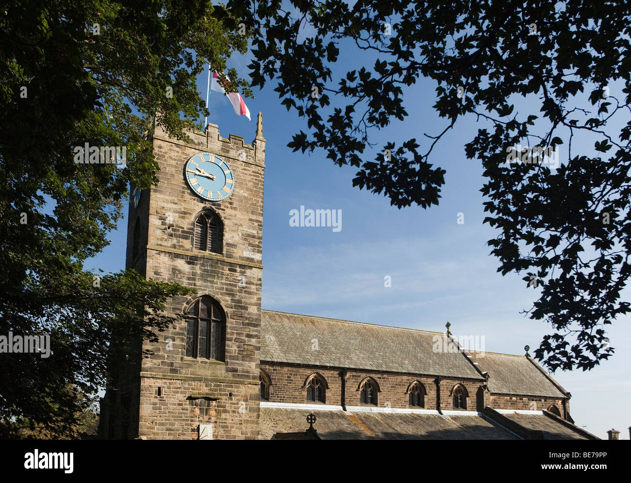 UK, England, Yorkshire, Haworth, Parish Church, clock tower with St ...