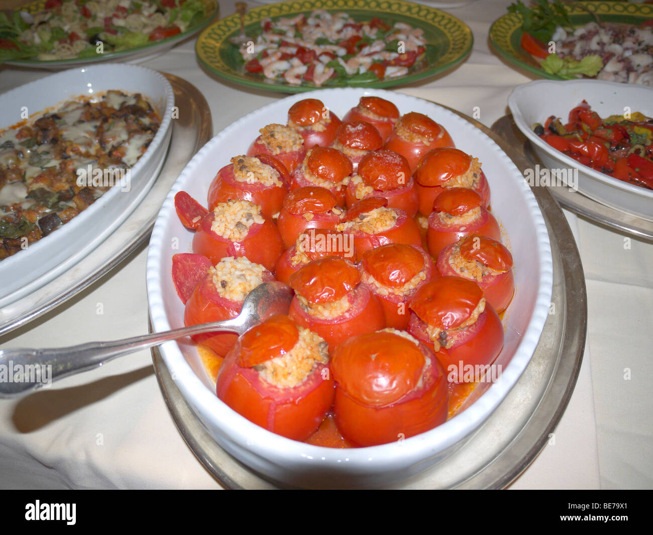 Buffet food with typical Italian dishes and food displayed on Italian ...