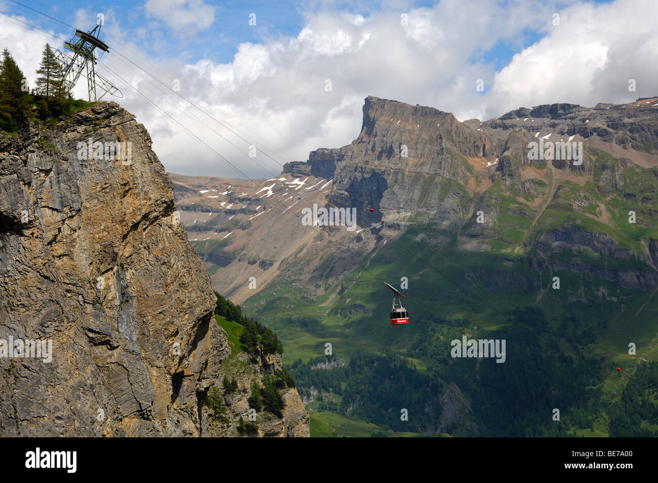 Cable car hovering over an abyss between Gemmi pass and Leukerbad ...