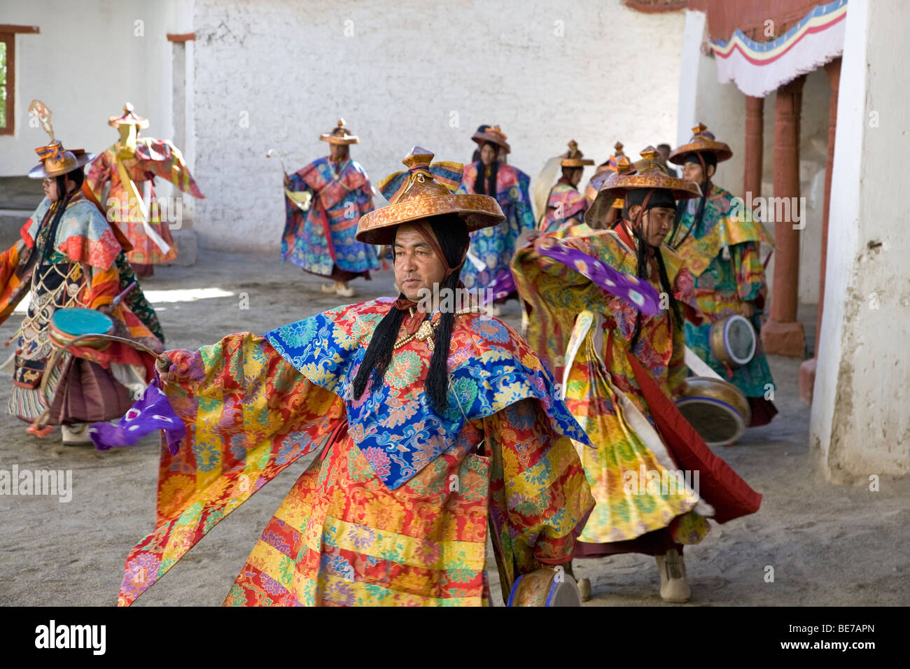 Buddhist monks dancing with traditional costumes. Phyang monastery ...