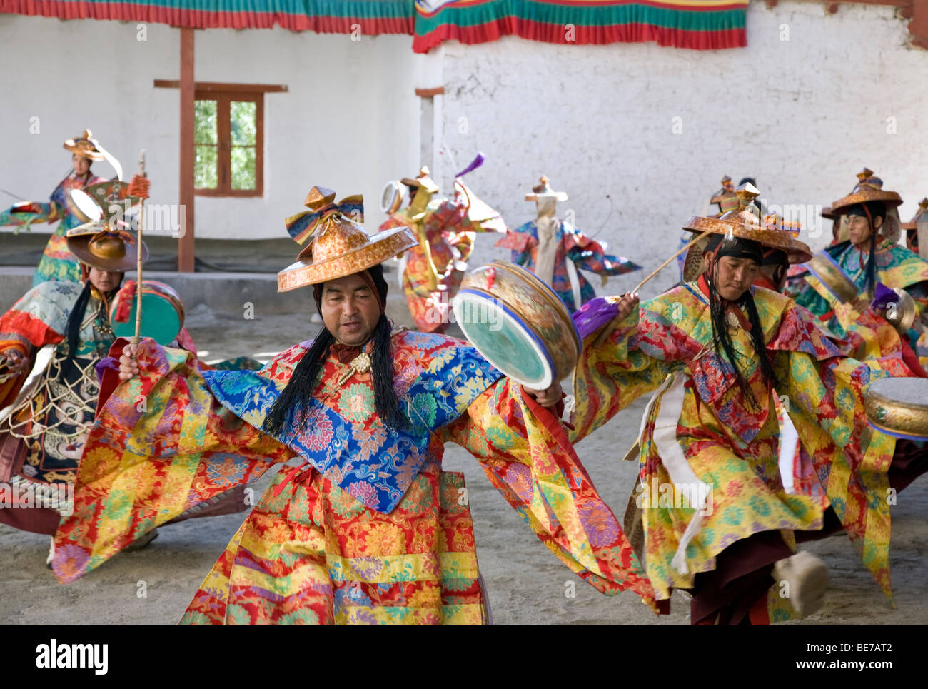 Buddhist monks dancing with traditional costumes. Phyang monastery ...