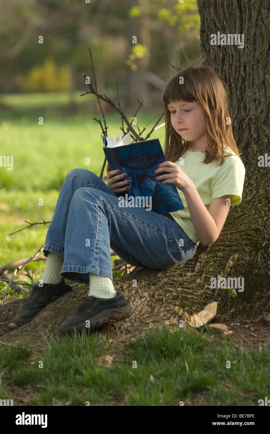 Young girl reading under a tree Stock Photo - Alamy