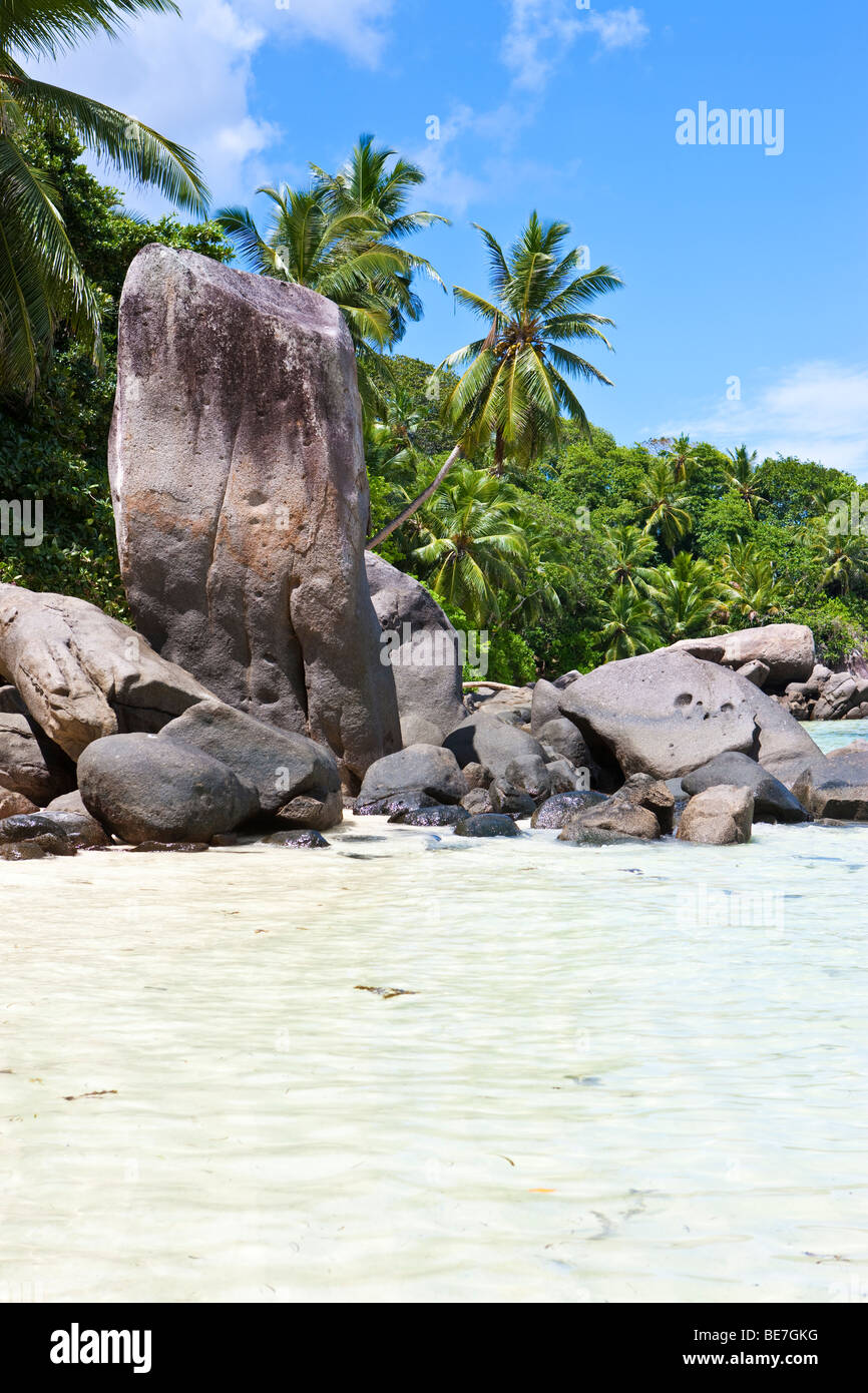 Beach with the typical granite rocks of the Seychelles at Anse Royale ...