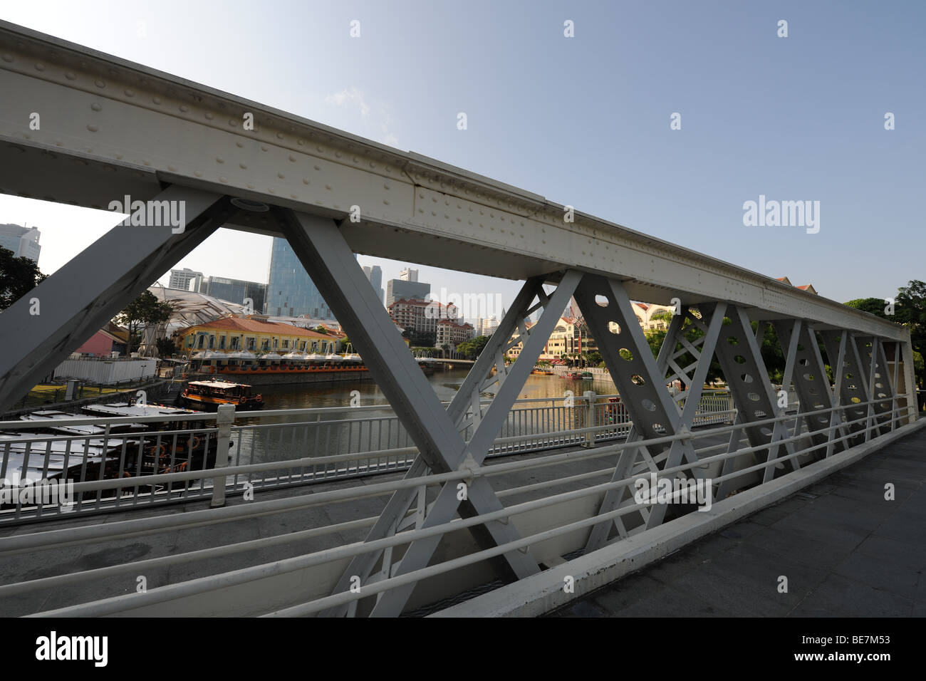 looking through steelwork of Ord Bridge towards Clarke Quay, Singapore ...