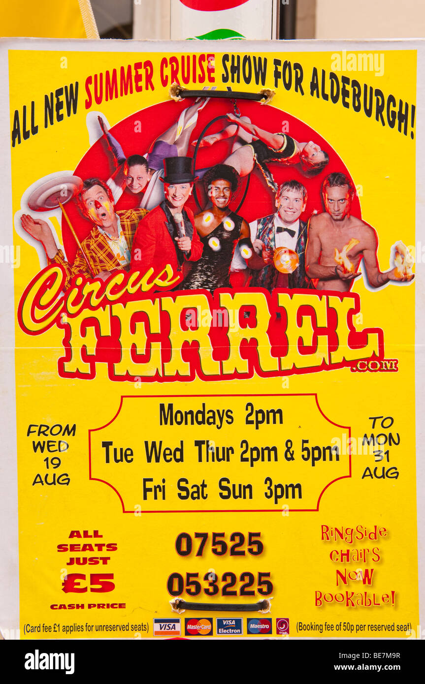 A sign advertising the circus Ferrel in Aldeburgh , Suffolk , Uk Stock ...