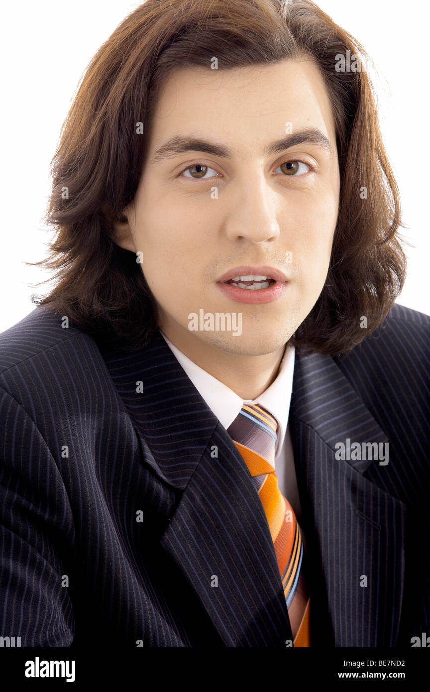 long haired businessman in suit on white Stock Photo - Alamy