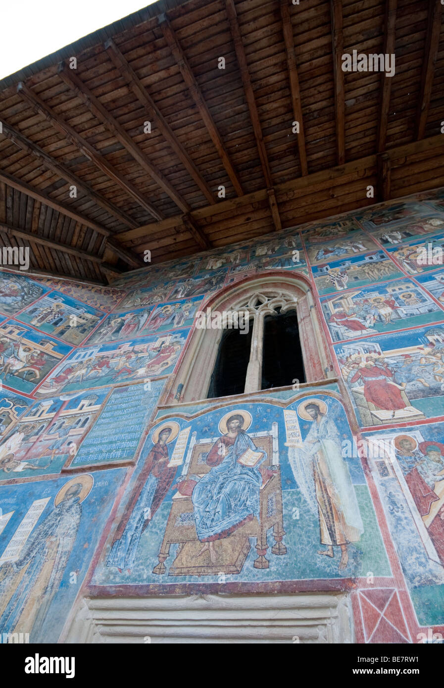 Details of the painted exterior walls of Voronet monastery in Romania ...