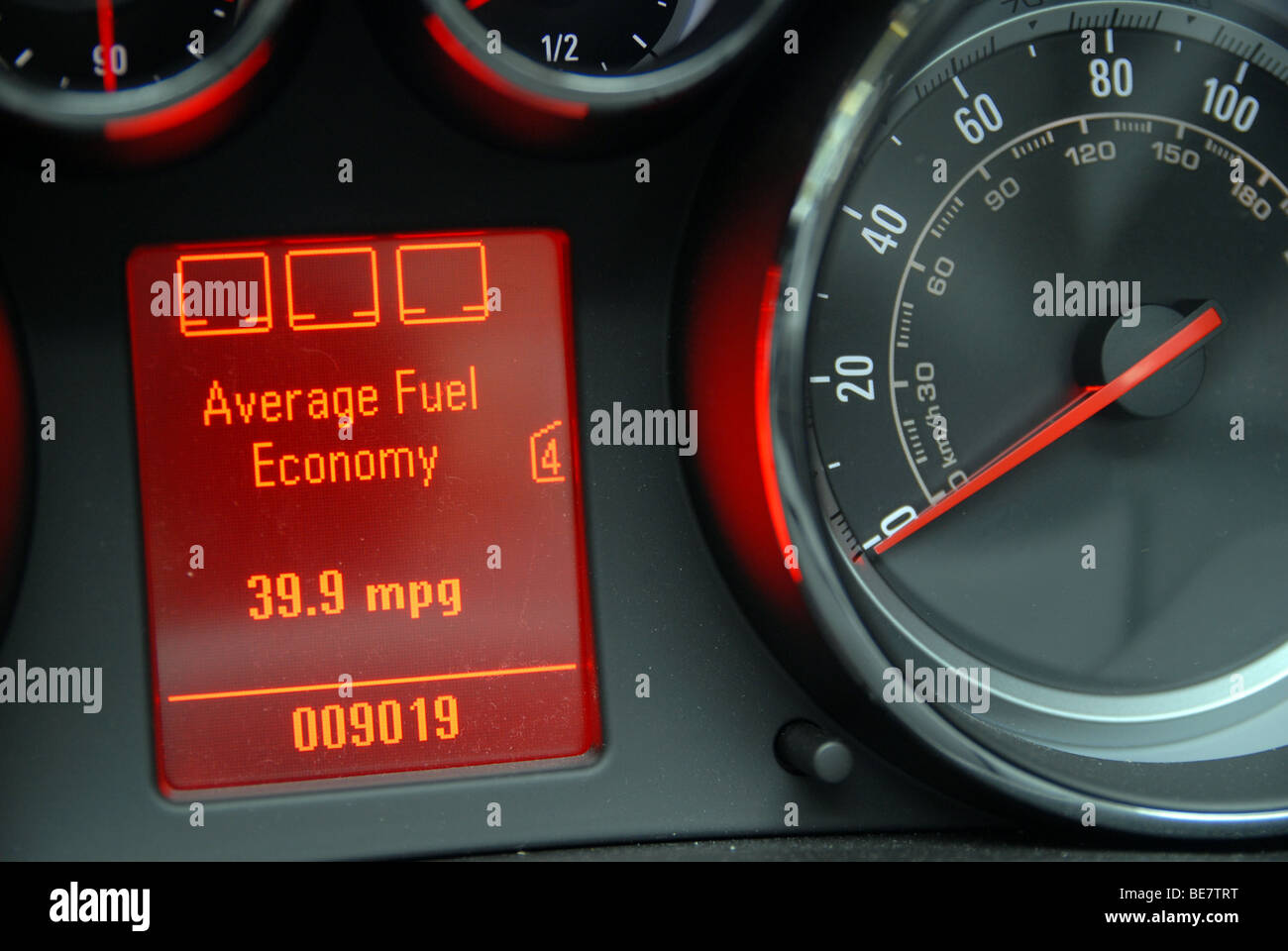 Car Information console and dials showing the average fuel economy ...