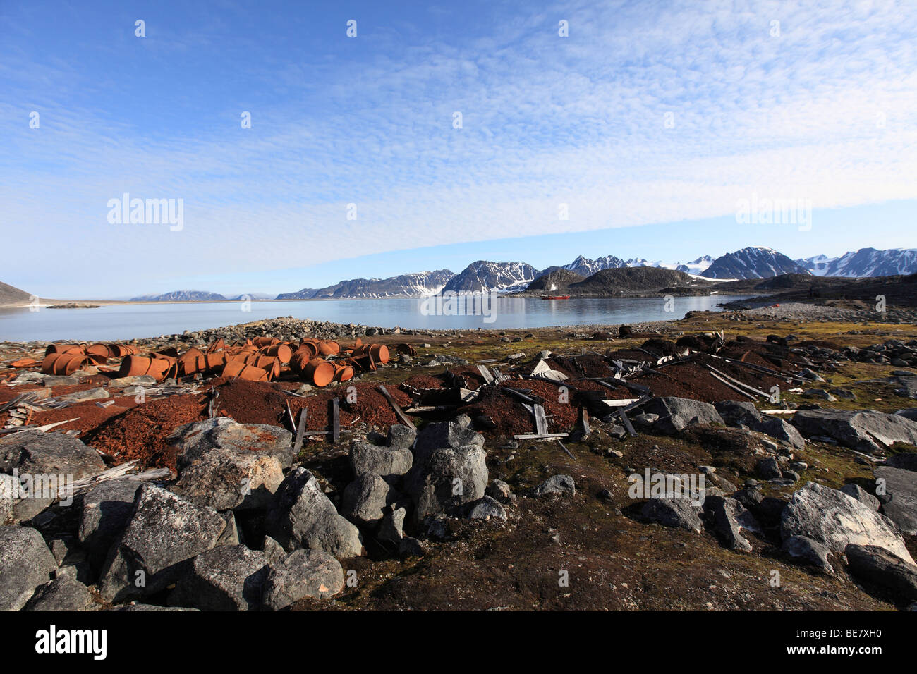 View of the historic VirgoHamna Arctic Exploration Base in Svalbard ...