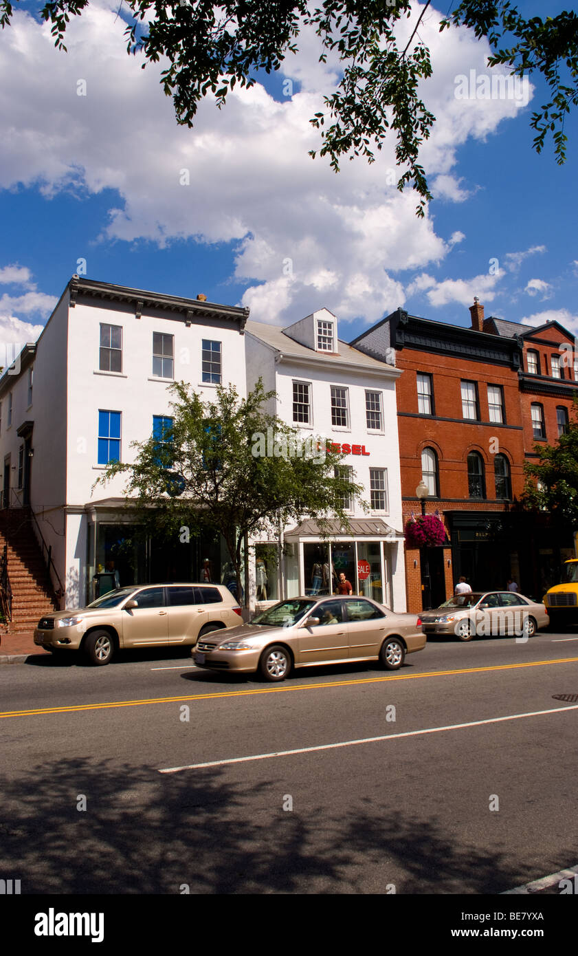 Local buildings and traffic at Wisconsin amd M Streets in Georgetown in ...