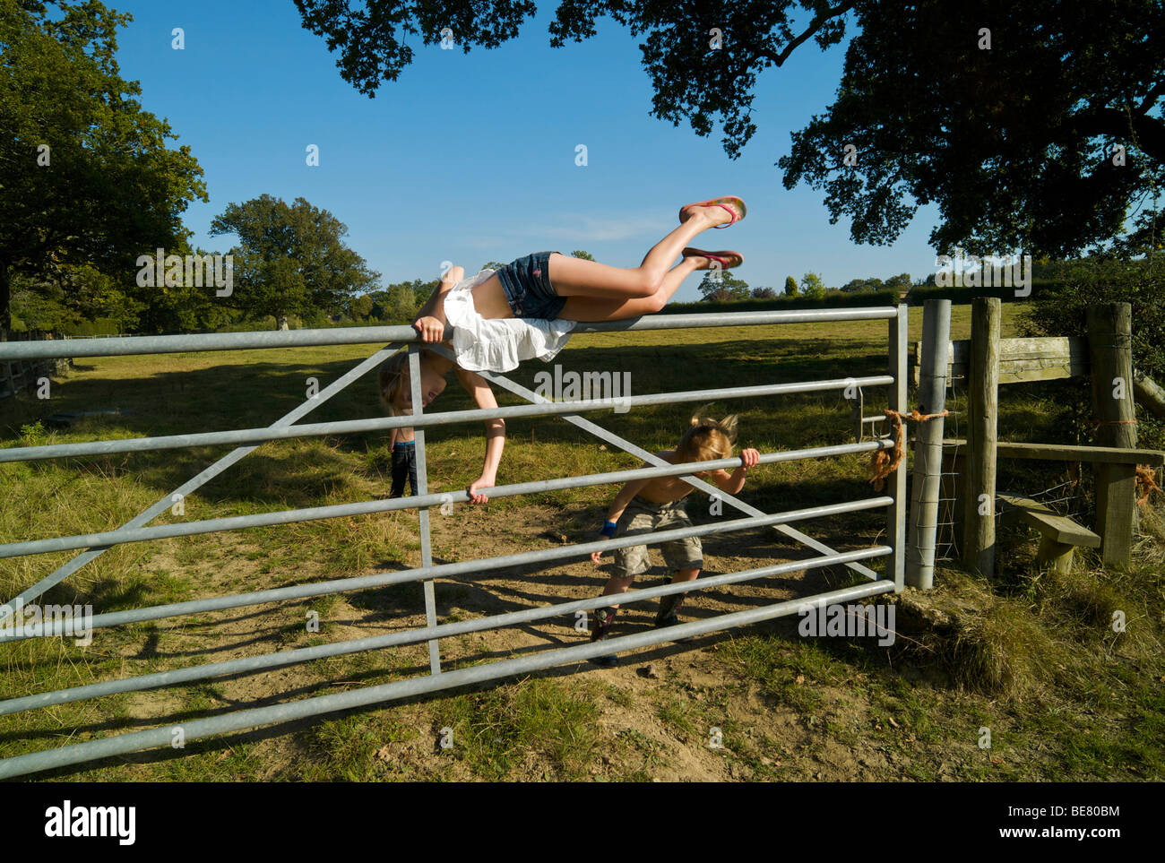 Young children playing on a farm gate Stock Photo - Alamy