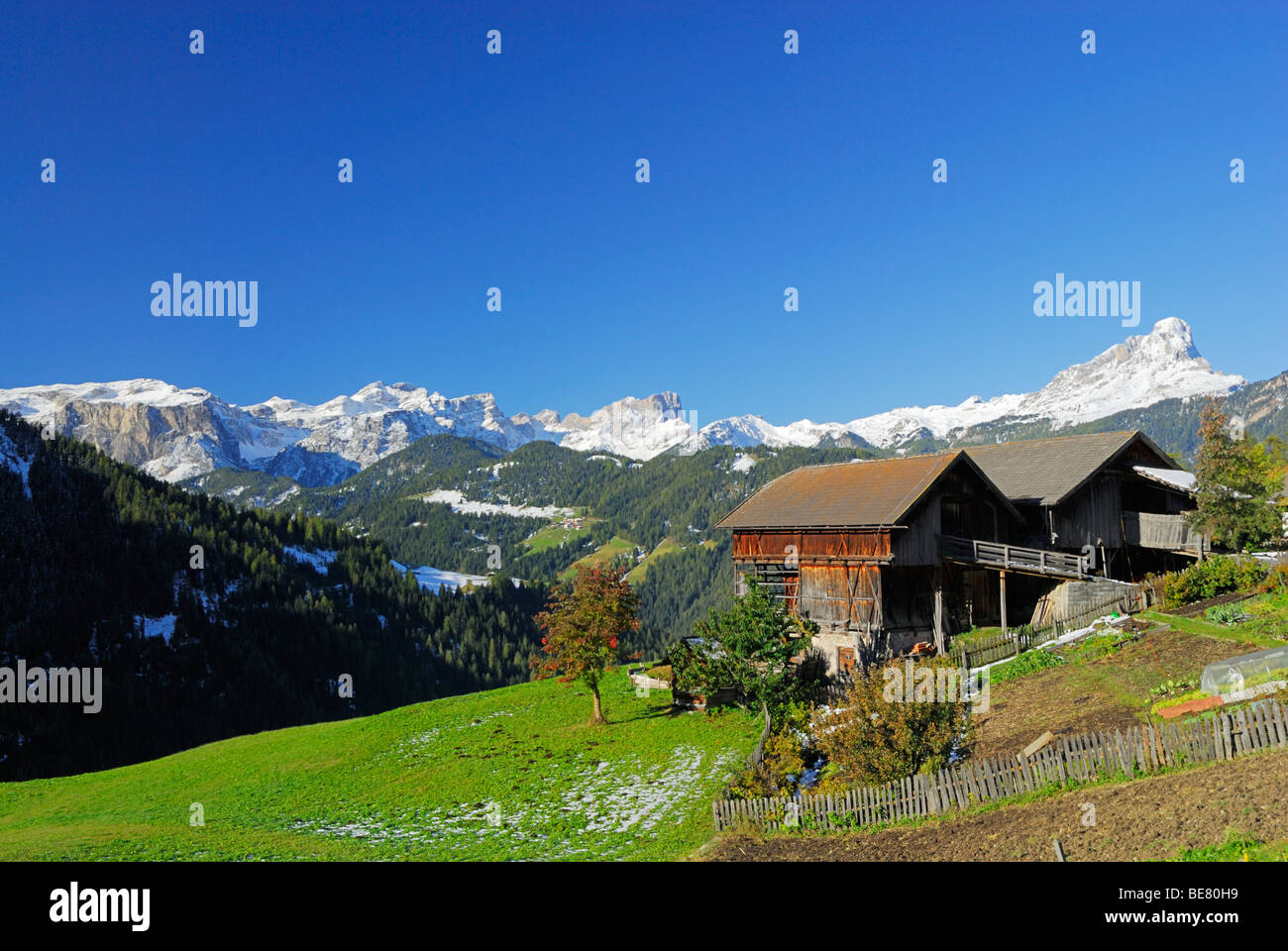 South Tyrolean farmhouse with view to Puez-Geisler range and ...