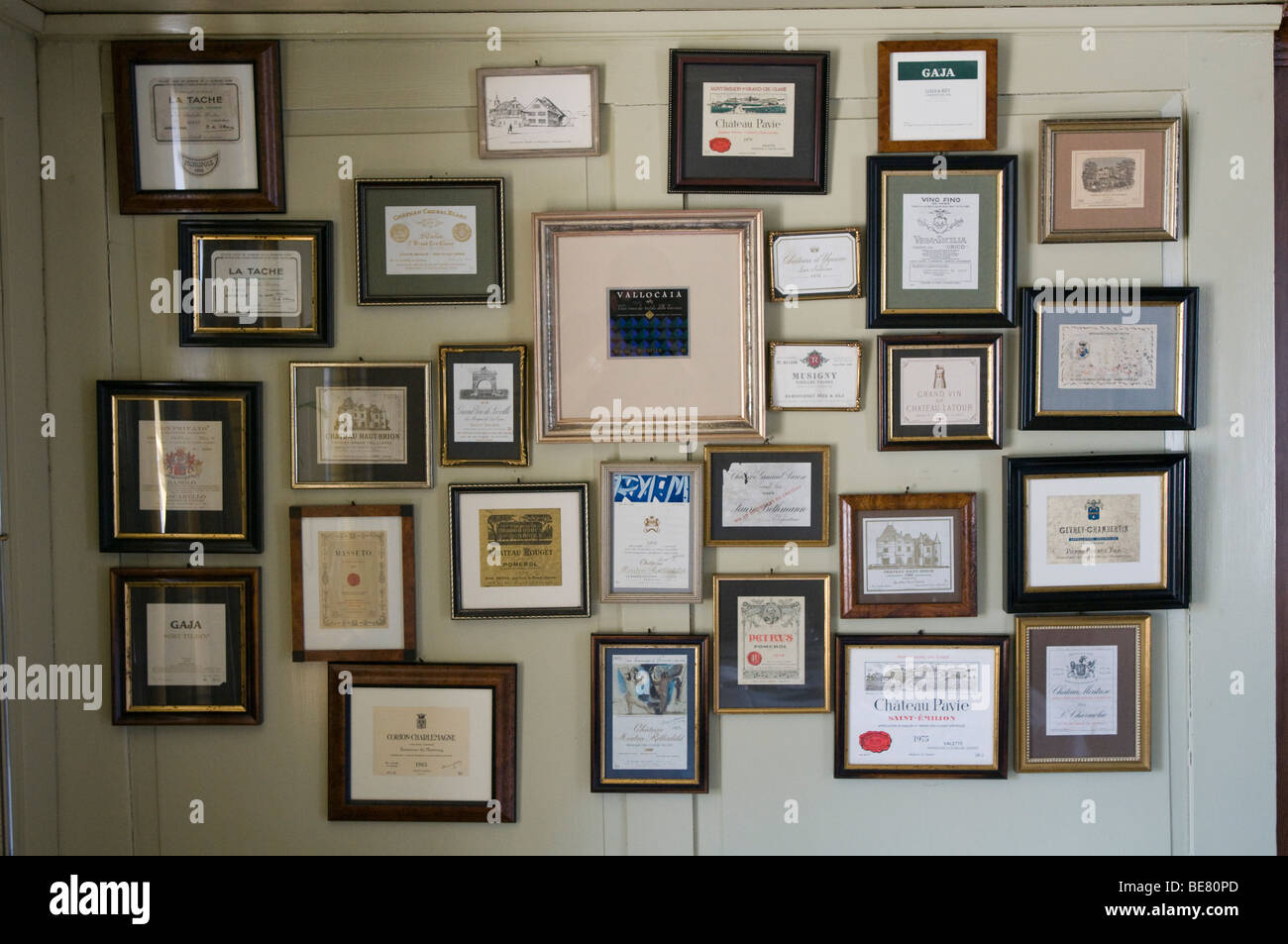 Decoration, photo frames with wine labels hung on the wall, Restaurant ...