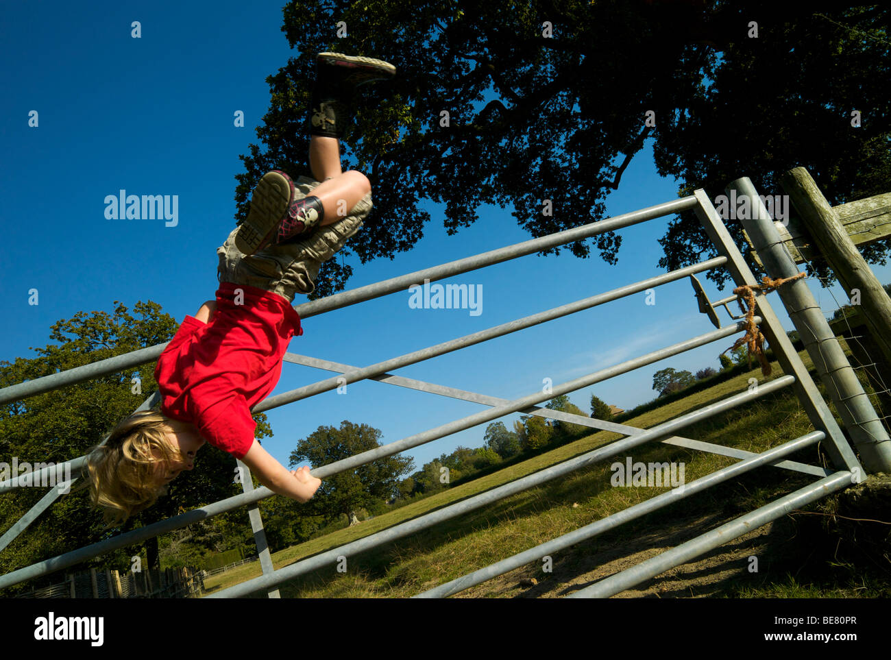 Young children playing on a farm gate Stock Photo - Alamy