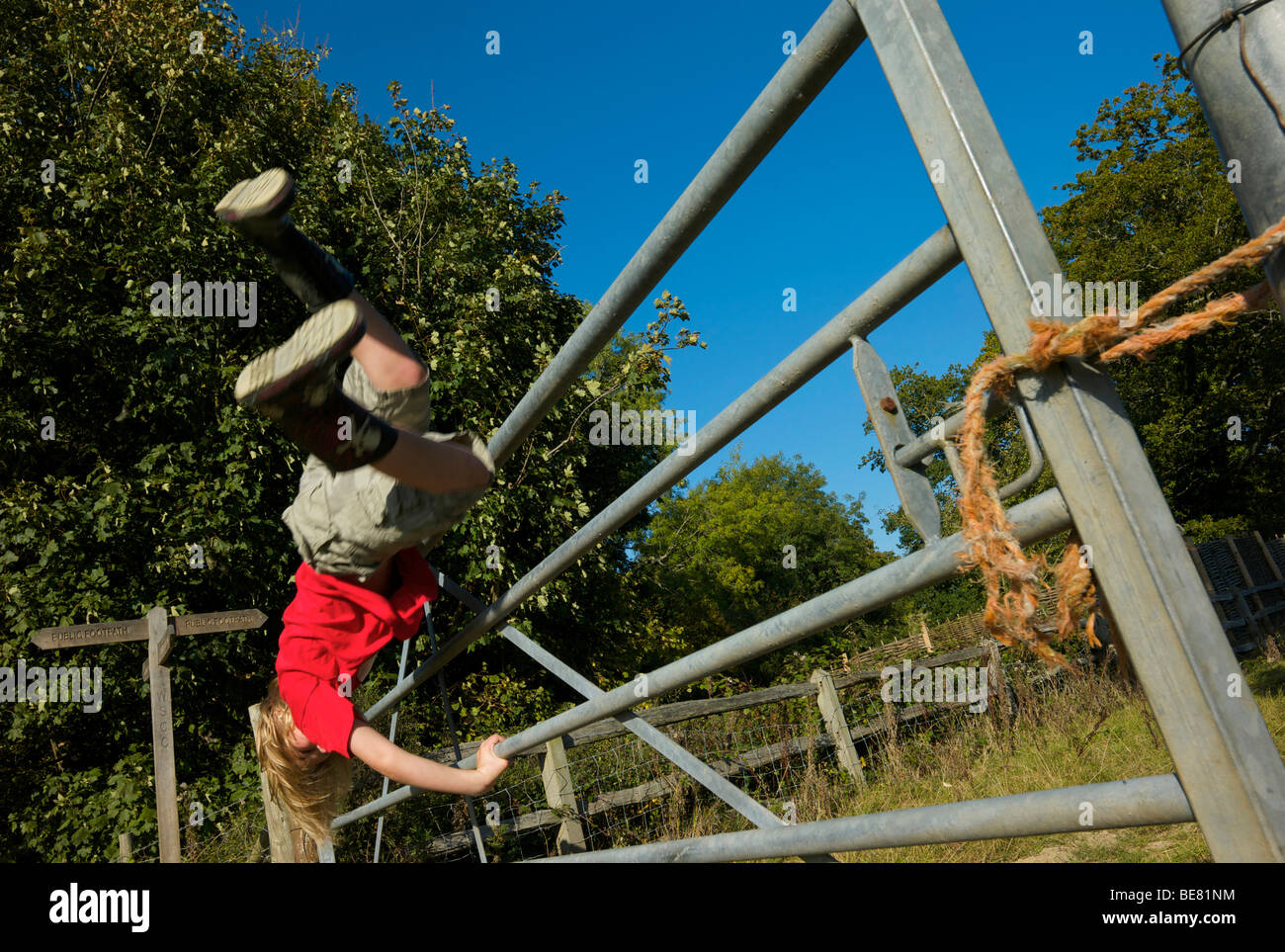 Young children playing on a farm gate Stock Photo - Alamy