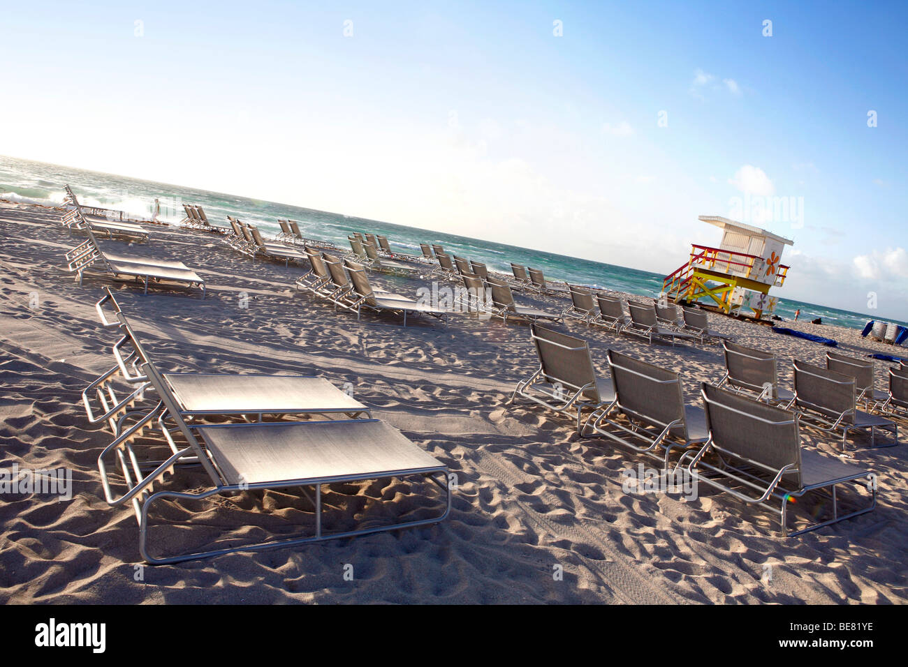 Deck chairs on the deserted South Beach, Miami Beach, Florida, USA ...