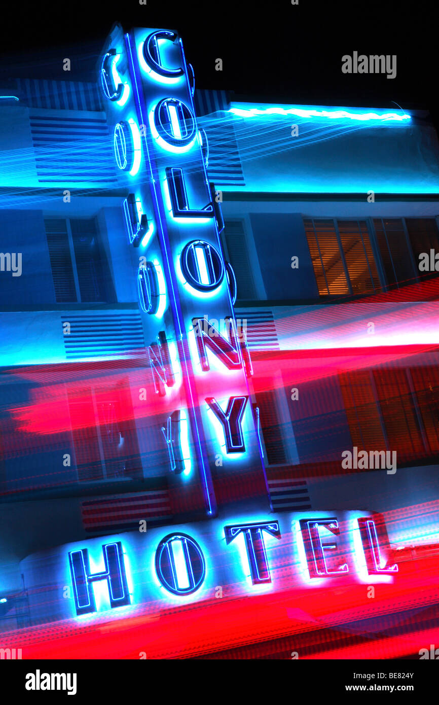 The neon sign of the Colony Hotel at night, South Beach, Miami Beach ...