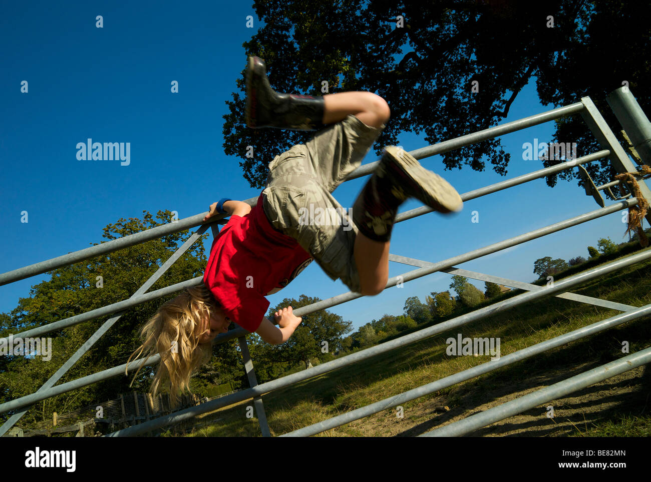 Young children playing on a farm gate Stock Photo - Alamy