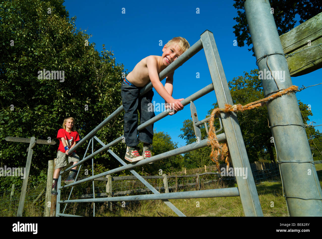Young children playing on a farm gate Stock Photo - Alamy