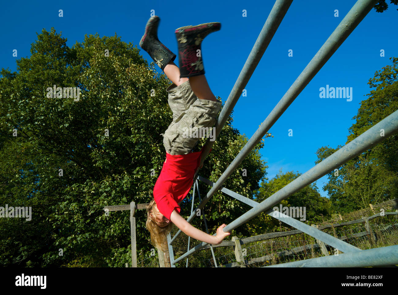 Young children playing on a farm gate Stock Photo - Alamy