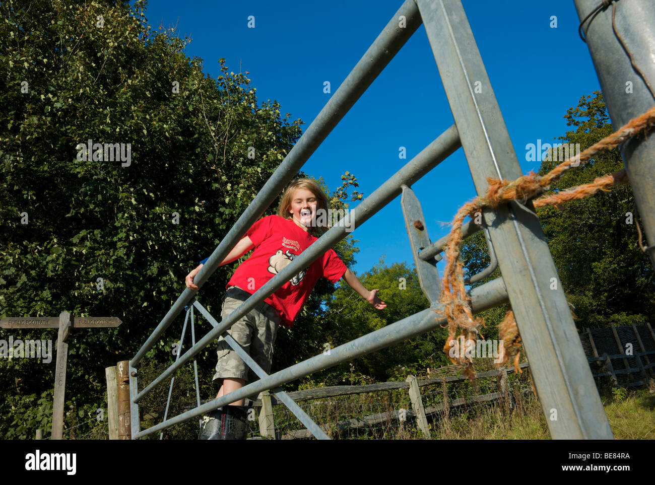 Young children playing on a farm gate Stock Photo - Alamy
