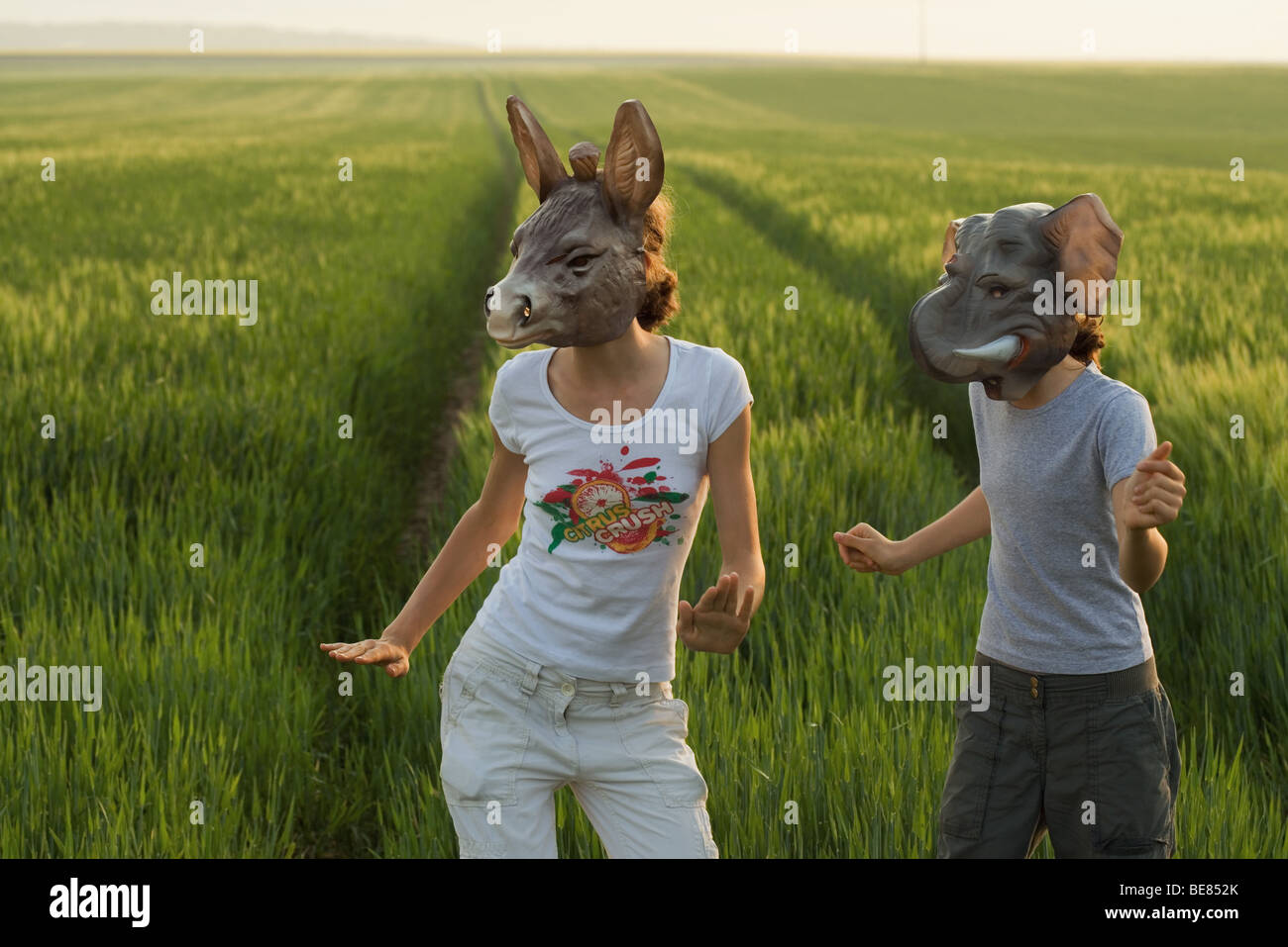 Two females wearing animal masks, dancing in field Stock Photo - Alamy