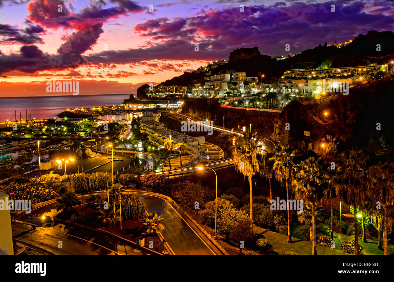 Night photo of beautiful Puerto Rico area of Gran Canaria in Canary ...