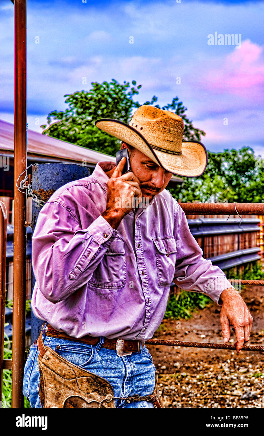 The cowboy life in the USA West as cowboy uses cell phone at his ranch ...