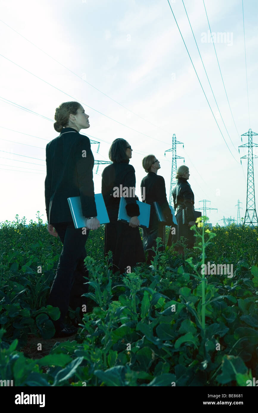 Four businesswomen walking in field, carrying laptop computers, looking ...