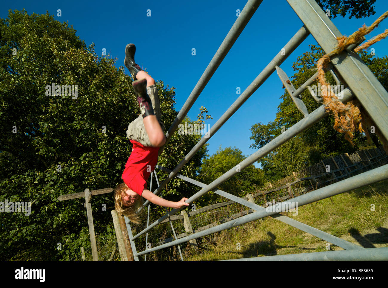 Young children playing on a farm gate Stock Photo - Alamy