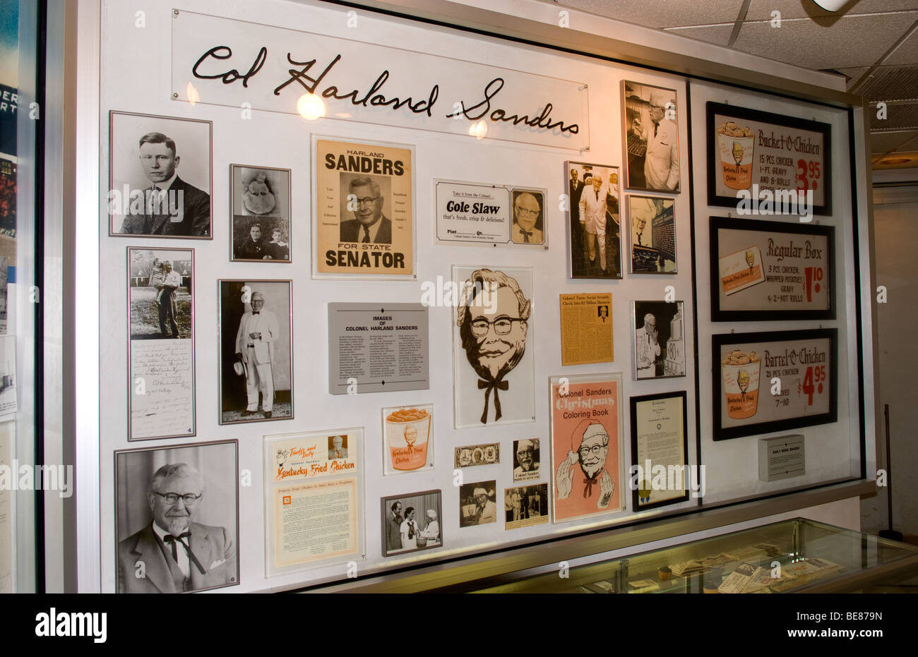 Plaques and clippings in historic Sanders Cafe in Corbin Kentucky which ...
