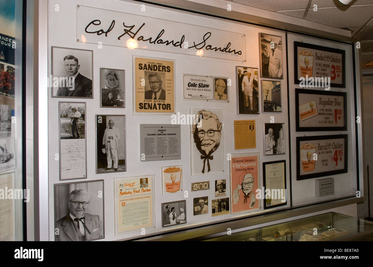 Plaques and clippings in historic Sanders Cafe in Corbin Kentucky which ...