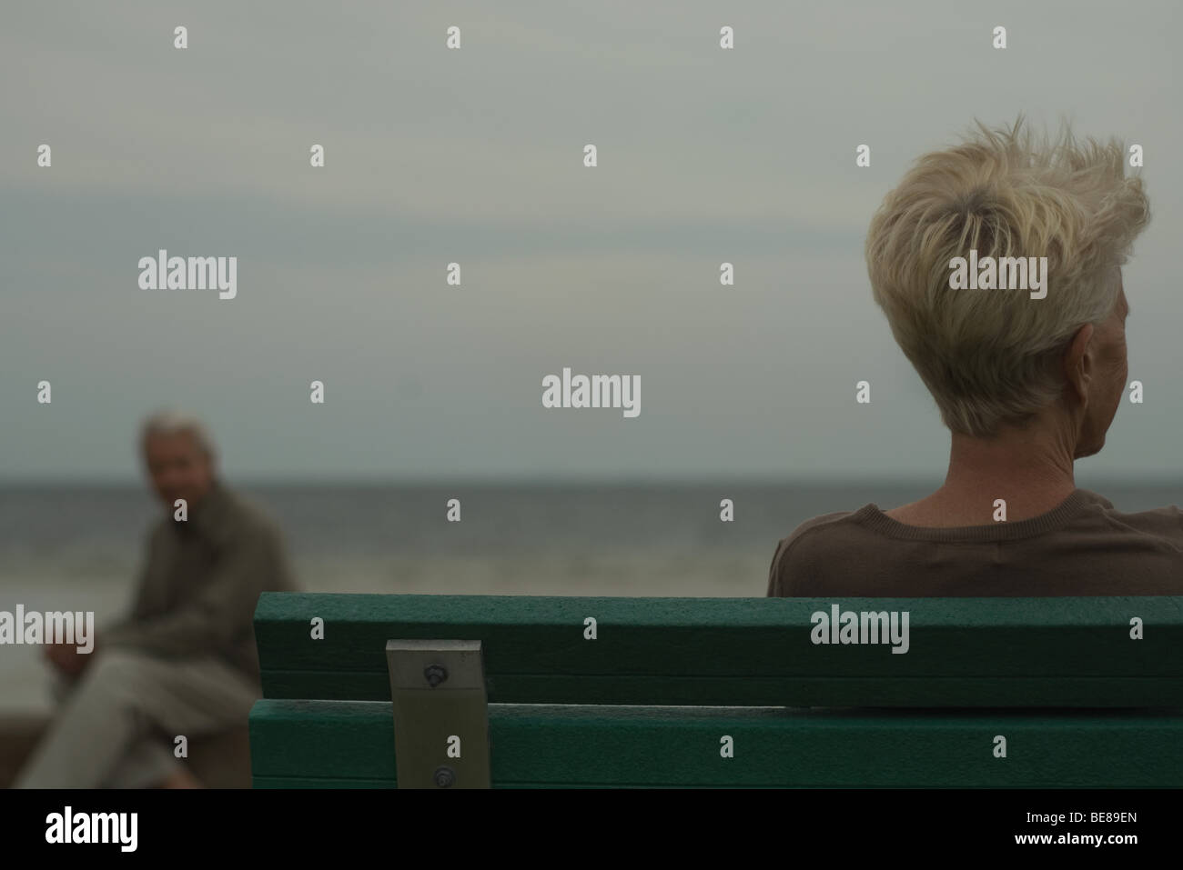 Senior woman sitting alone on bench, rear view, man sitting in ...