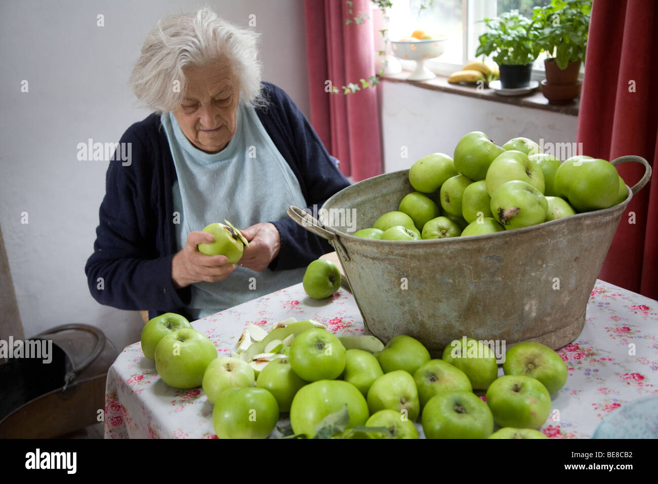Woman in kitchen peeling bowl of cooking apples Stock Photo - Alamy